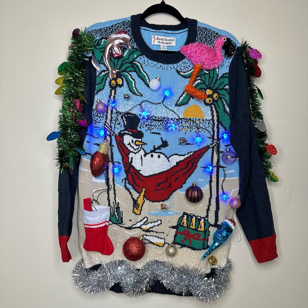 Ugly Christmas Sweater Beach Snowman LIGHTS UP Tacky Tinsel Xmas Party ...