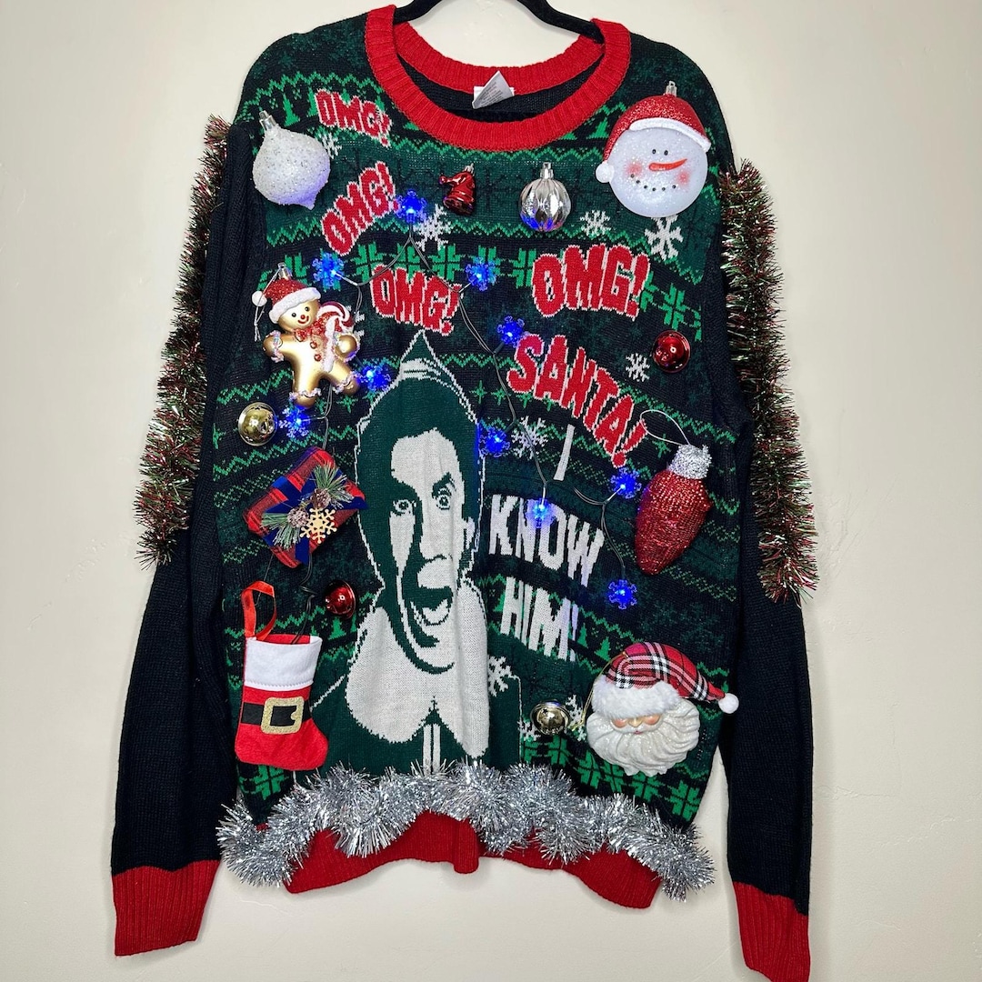 Ugly Christmas Sweater Buddy the Elf LIGHTS UP Tacky Tinsel Xmas Party ...