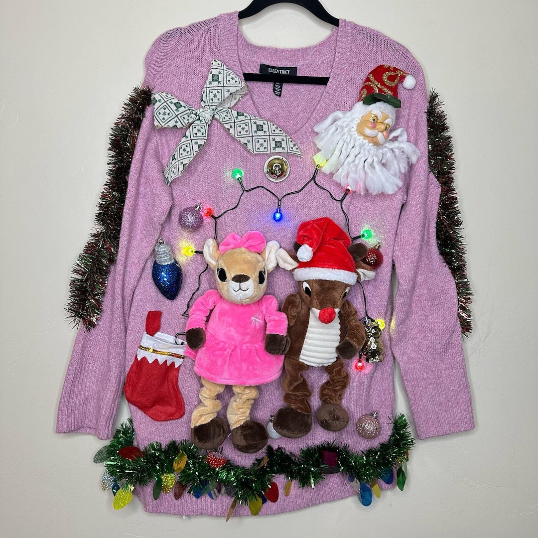 Ugly Christmas Sweater Rudolph LIGHTS UP Tacky Tinsel Xmas Party Winner ...