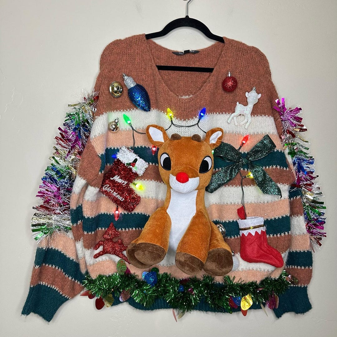 Ugly Christmas Sweater Rudolph LIGHTS UP Tacky Tinsel Xmas Party Winner ...