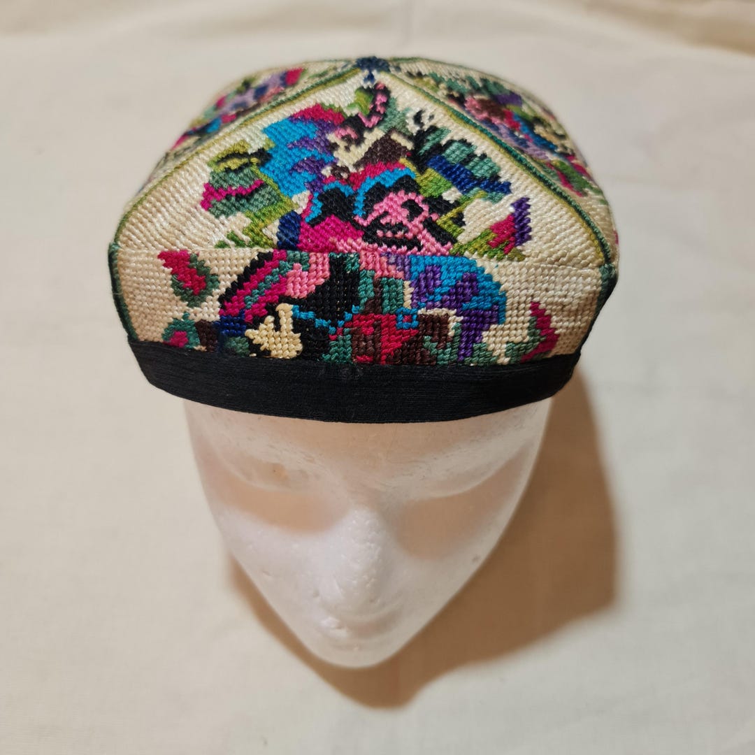 Vintage Bukharan Jewish Kippah • Hand Embroidered Floral Cap • Mid-20th ...
