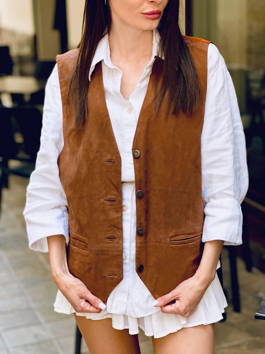 Vintage Brown Suede Leather Vest – 70s Western Style Waistcoat, Size M ...