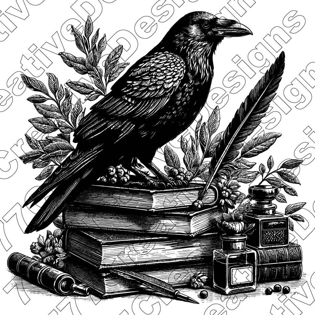 Raven on Books Vector Illustration, Raven Svg, Raven Png, Raven Jpg ...