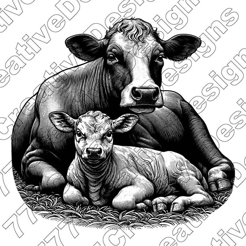 Cow and Calf Vector Illustration, Svg, Jpg, Png, Cow Art, Cow T-shirt ...