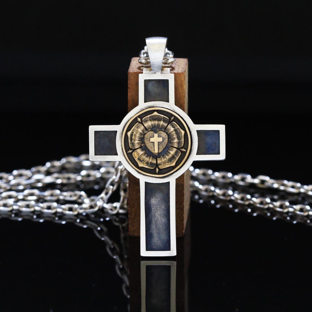 Lutheran Rose Cross Necklace, Sterling Silver & Bronze Cross Pendant ...