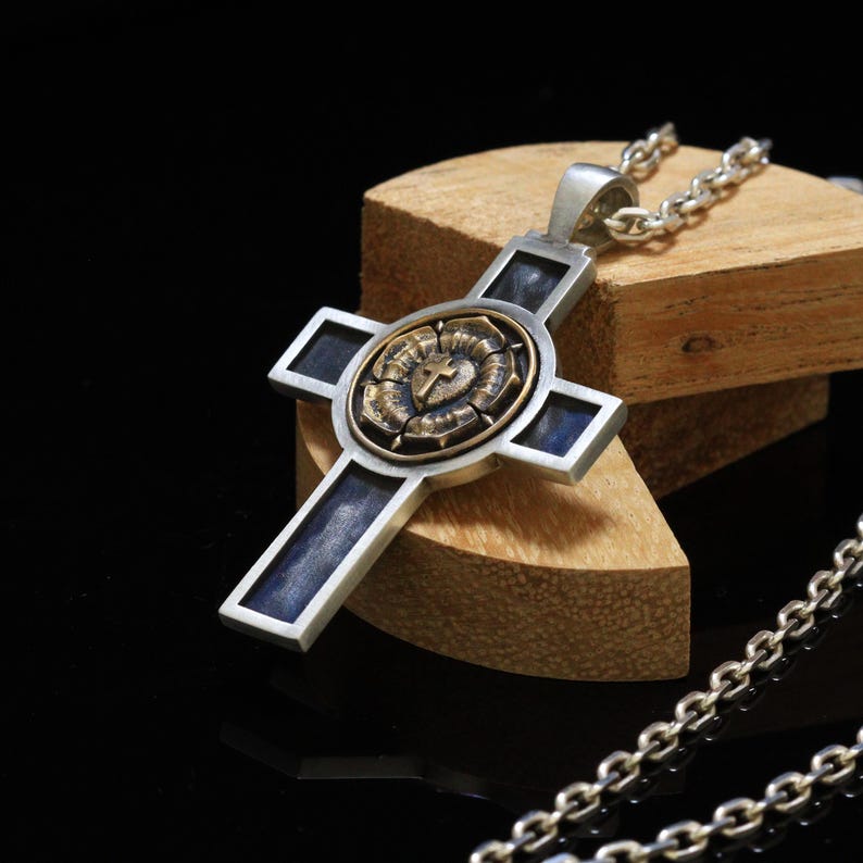 Lutheran Rose Cross Necklace, Sterling Silver & Bronze Cross Pendant ...