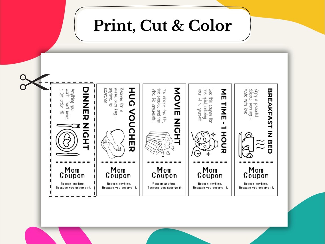 Coloring Printable Mom Coupons – 20 Black & White Vouchers for Mother’s ...