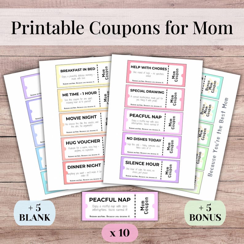 Printable Coupons Set, Birthday Gift for Mom, Colorful Printable ...
