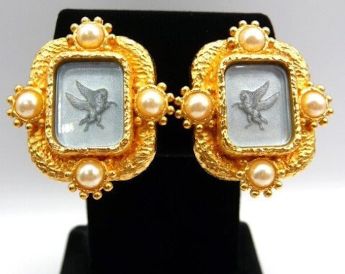 Italian Reverse Intaglio Pegasus Clip Earrings, Faux Pearls, Matte Gold ...