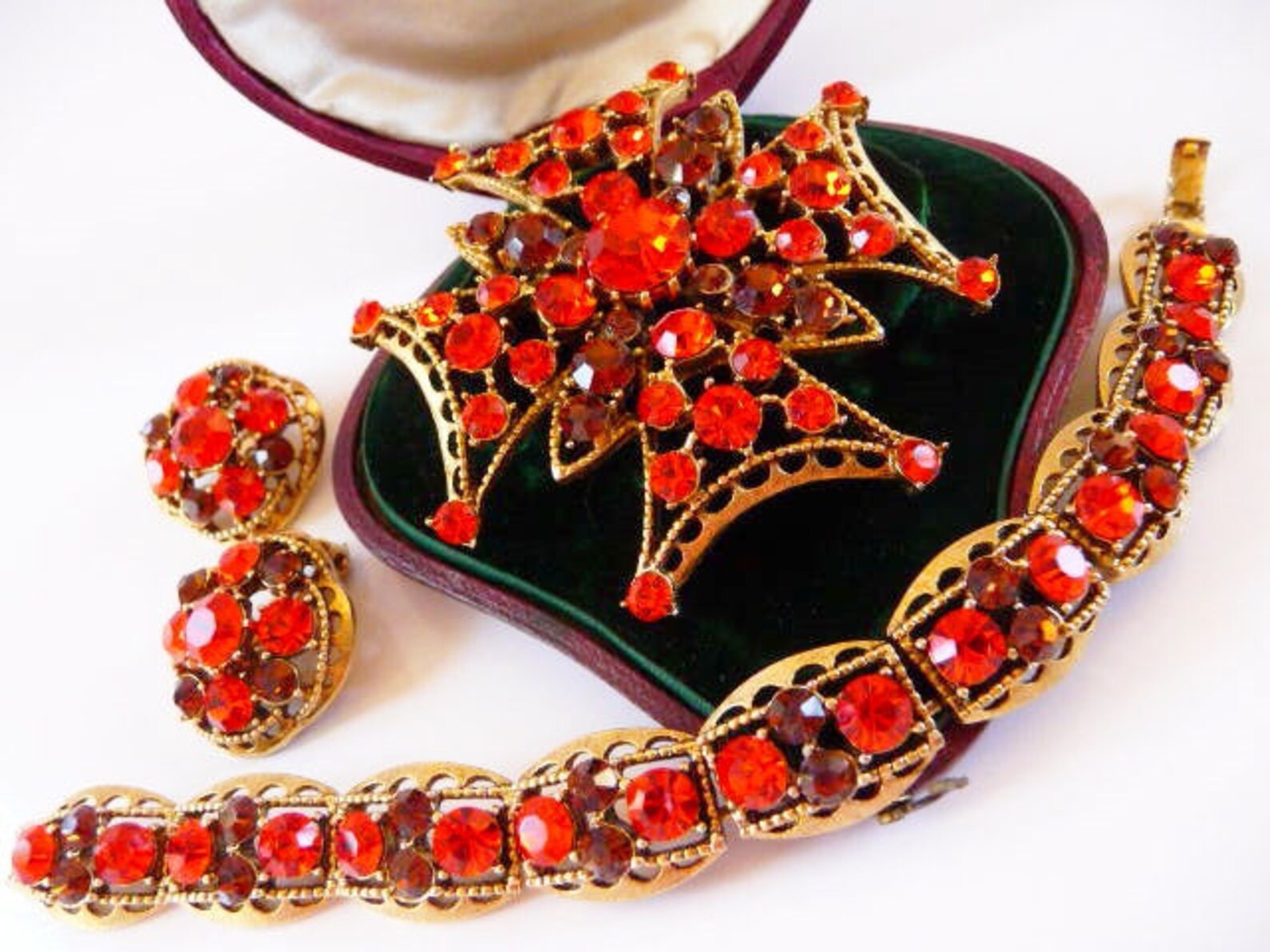 Weiss Red Orange Hyacinth Maltese Cross Pin Brooch Clip Earrings ...