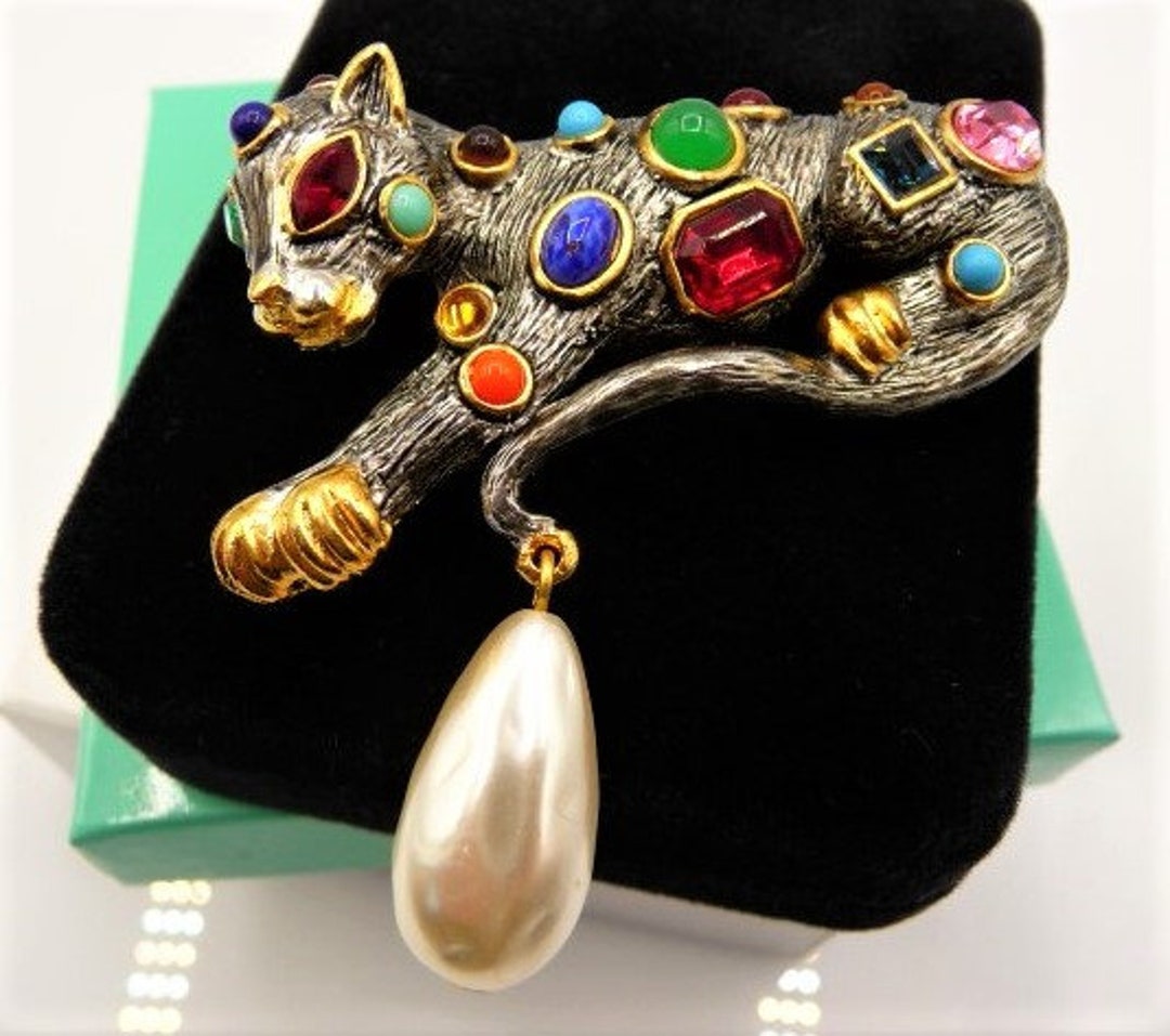 Kenneth Jay Lane Jewel Encrusted Cat Brooch Pin, Panther Cougar Leopard ...