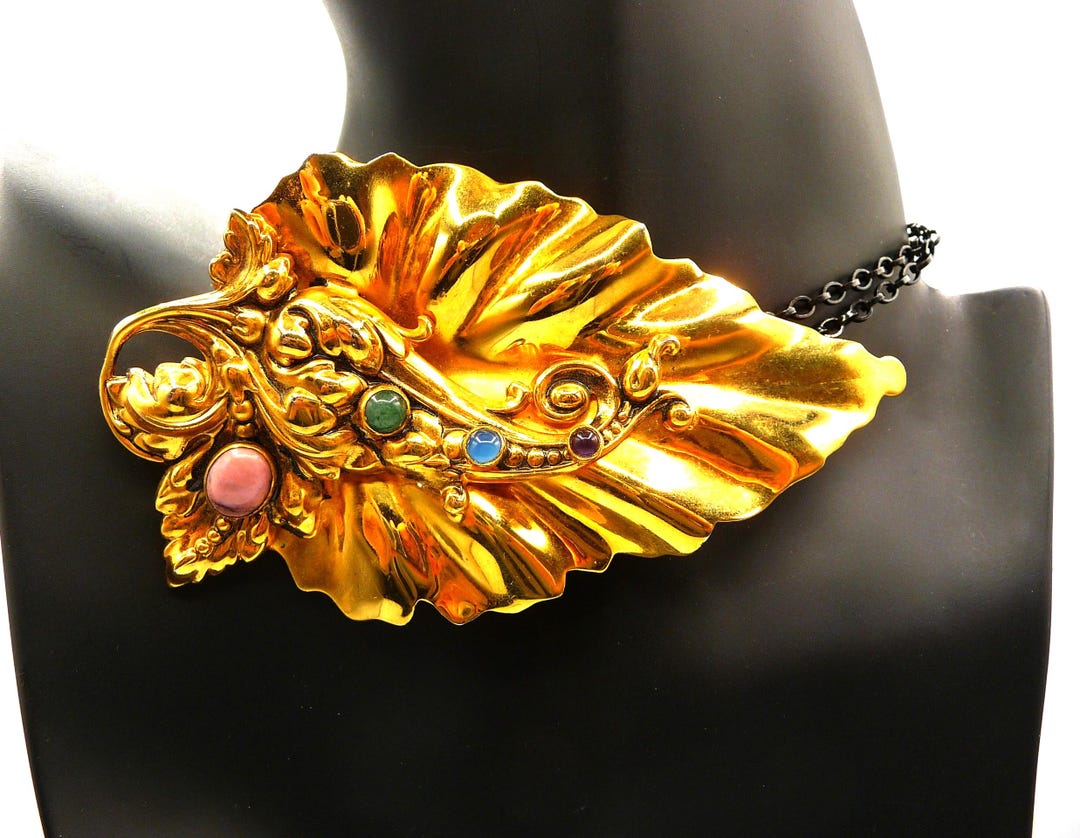 Artisan Tulla Booth Gold Tone Leaf Brooch/pin, Semi Precious Stone Cabs ...