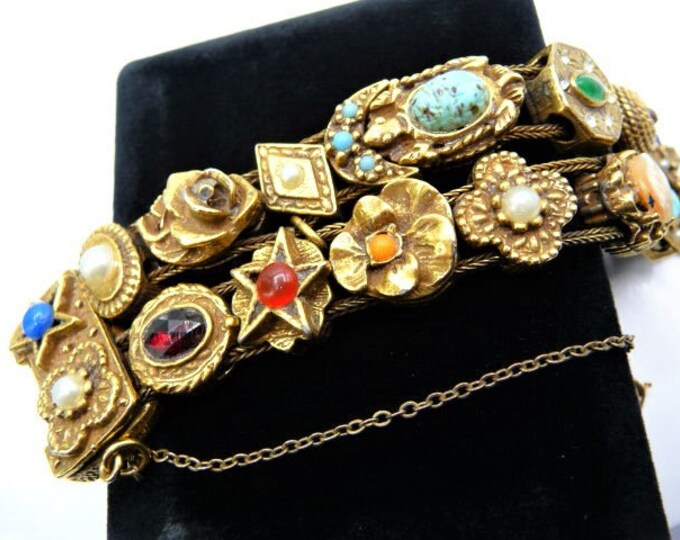 Goldette Victorian Revival Charm Double Row Slide Bracelet, Vintage Fob ...
