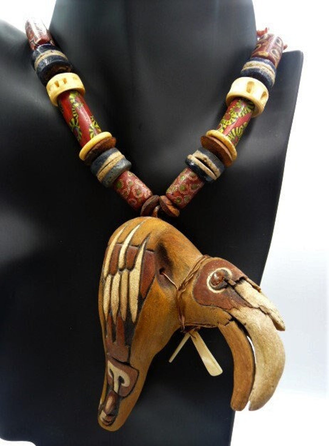 Lenore Szesko Carved Wood Raven Trade Beads Art Necklace, Ethnographic ...