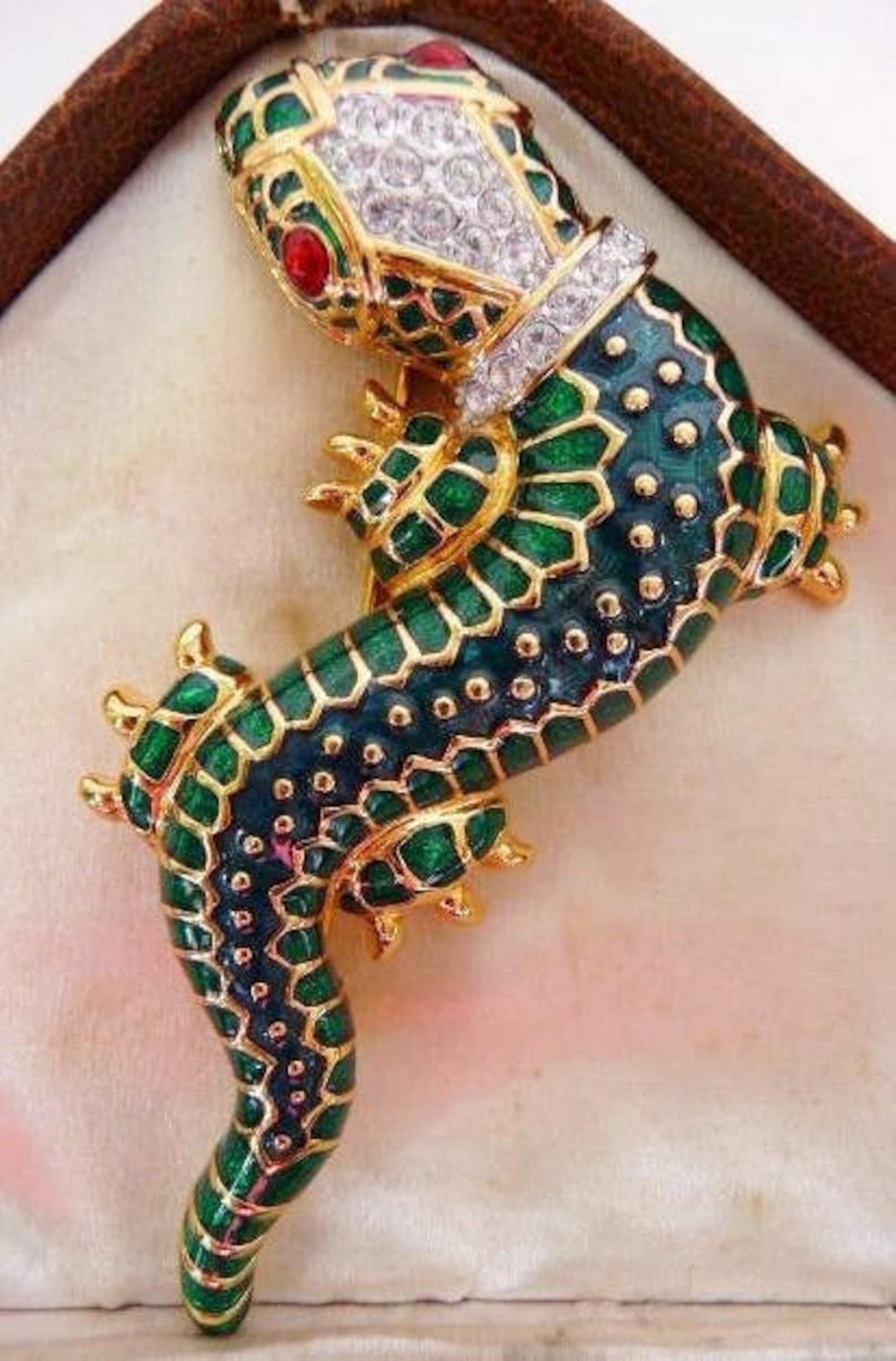 Kenneth Jay Lane Enameled Jeweled Gecko Lizard Pin Brooch, KJL Vintage ...