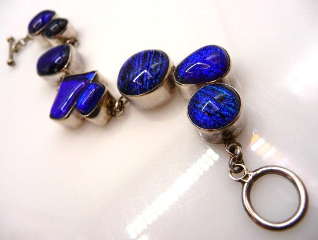 Cobalt Blue Dichroic Art Glass Stones Sterling Silver Links Bracelet ...