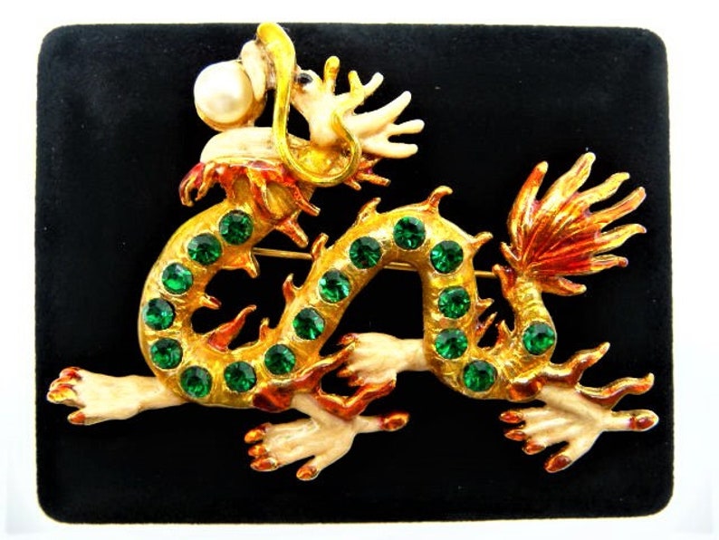 Chinese Loong Dragon Brooch Pin Enameled Gold Tone Faux - Etsy