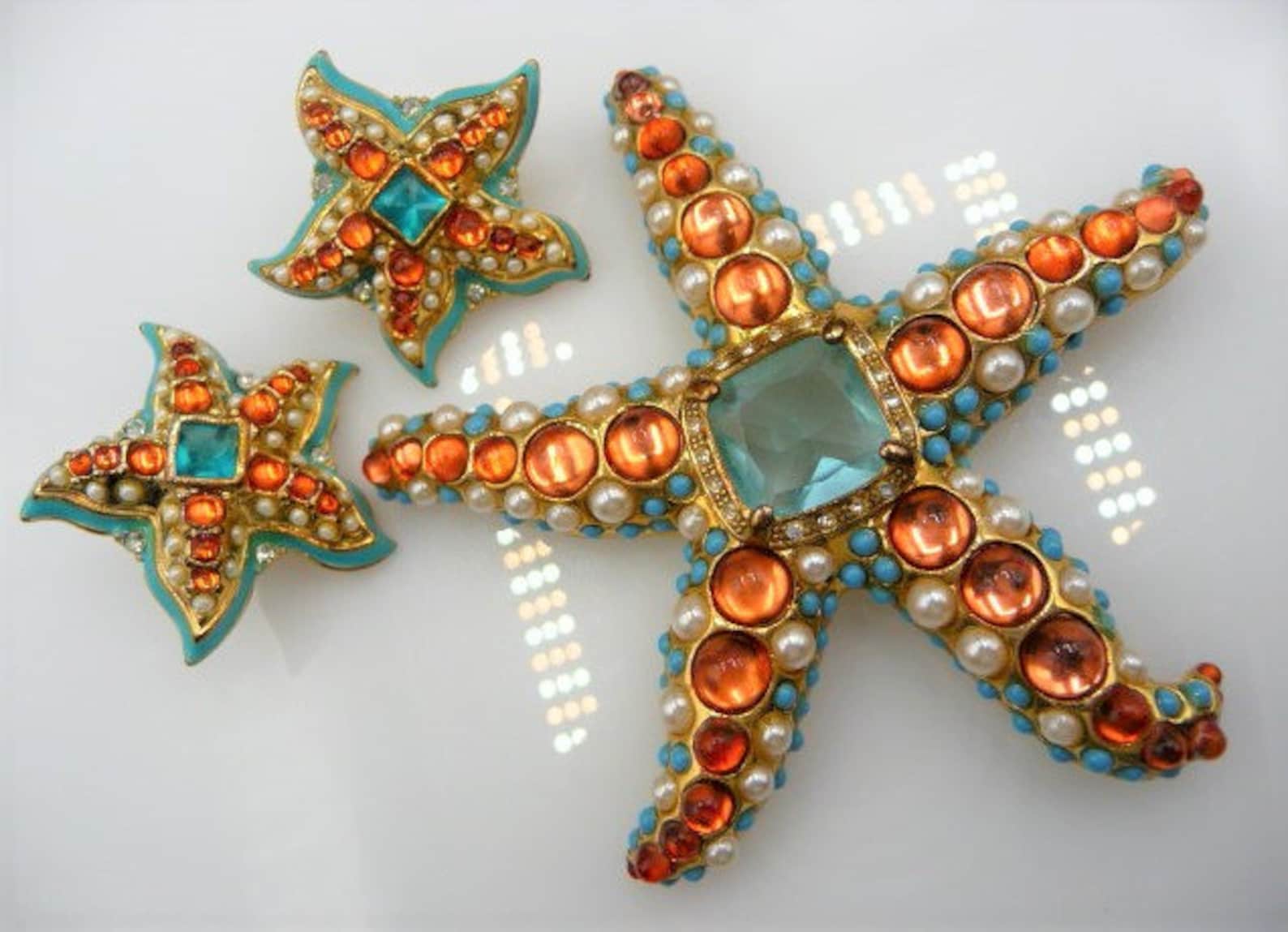 Kenneth Jay Lane for Avon Starfish Set, Brooch Pin Post Earrings, Early ...