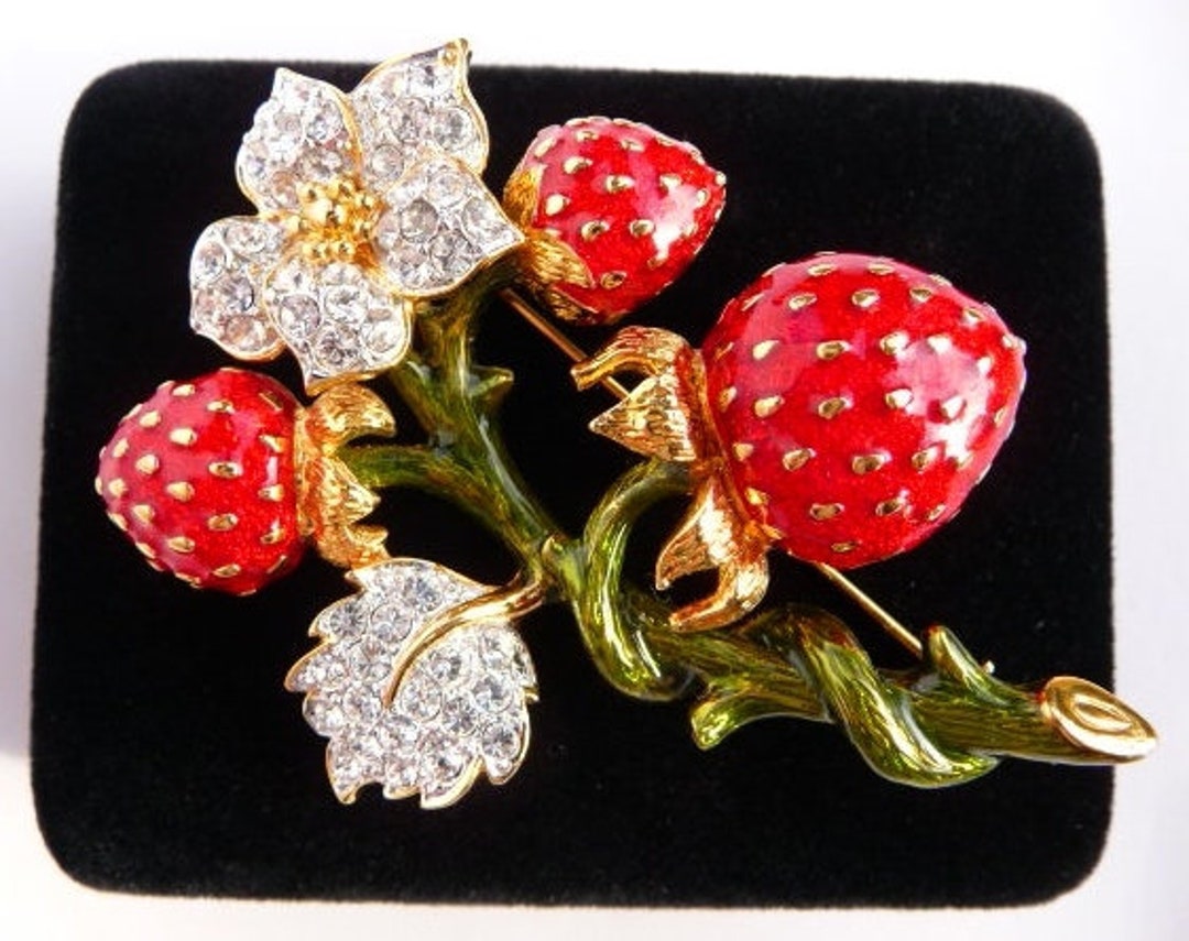 Kenneth Jay Lane Strawberry Brooch Pin, Fruit and Flowers, Vintage ...