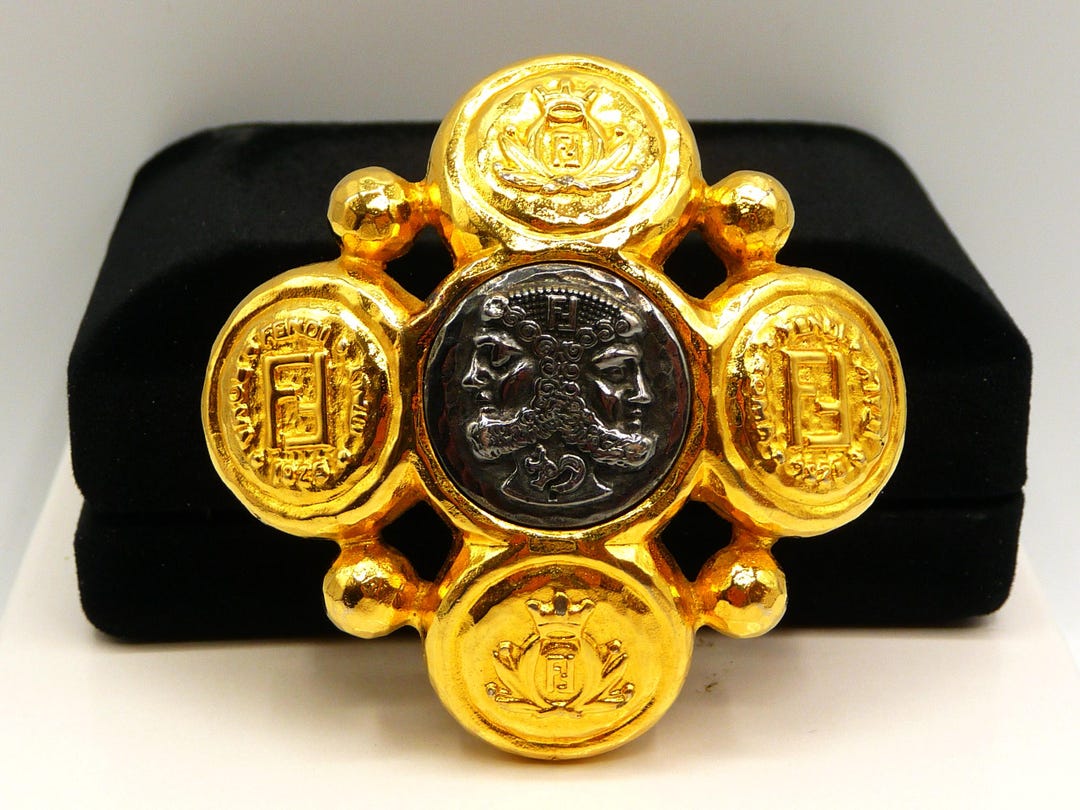Fendi JANUS Coin Logo Brooch Pin, Iconic Roman Design, Faux Gold ...