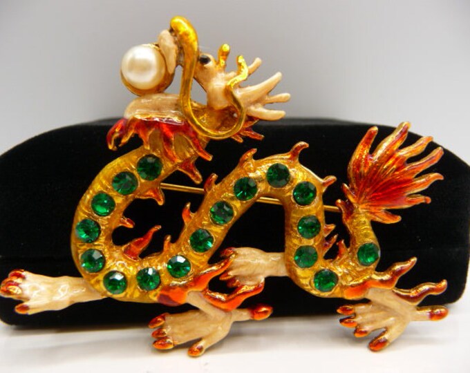 Chinese Loong Dragon Brooch Pin Enameled Gold Tone Faux - Etsy