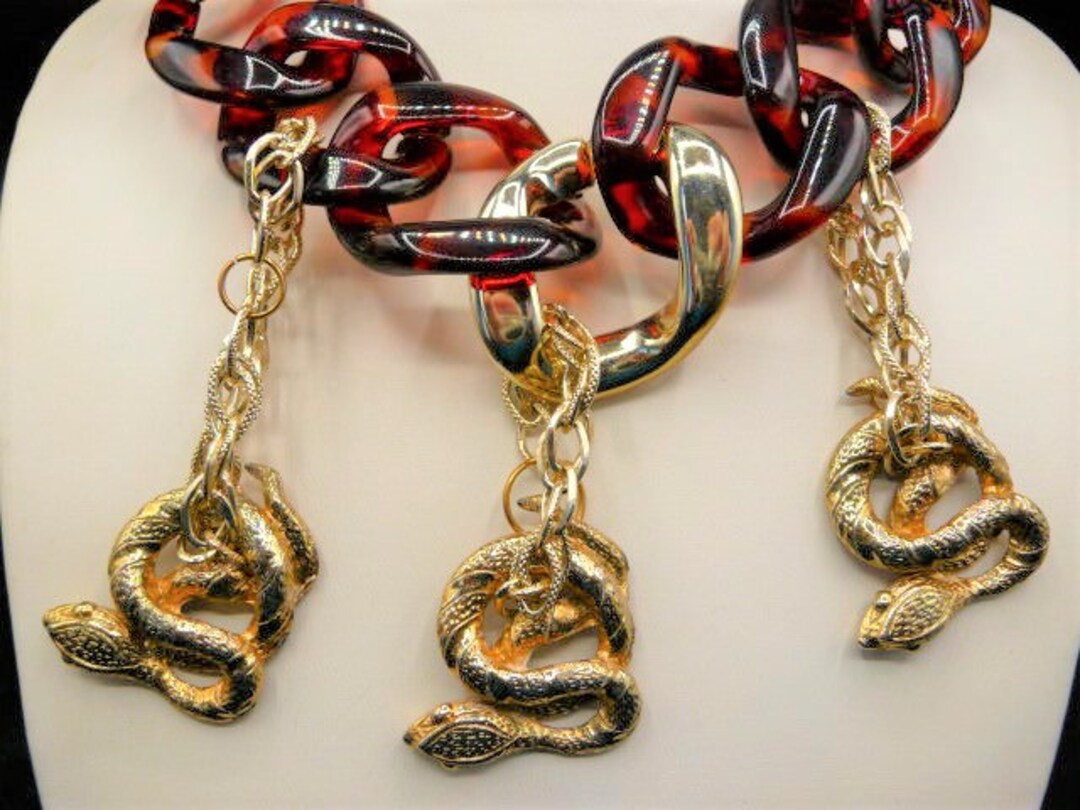 Faux Turtle Shell Coiled Gold Snakes Plastic Links Necklace, Gold Tone ...