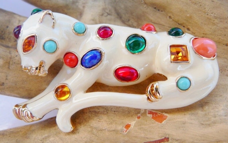 Kenneth Jay Lane Jeweled Cat Pin Brooch, KJL Fantasy Rhinestone Enamel ...