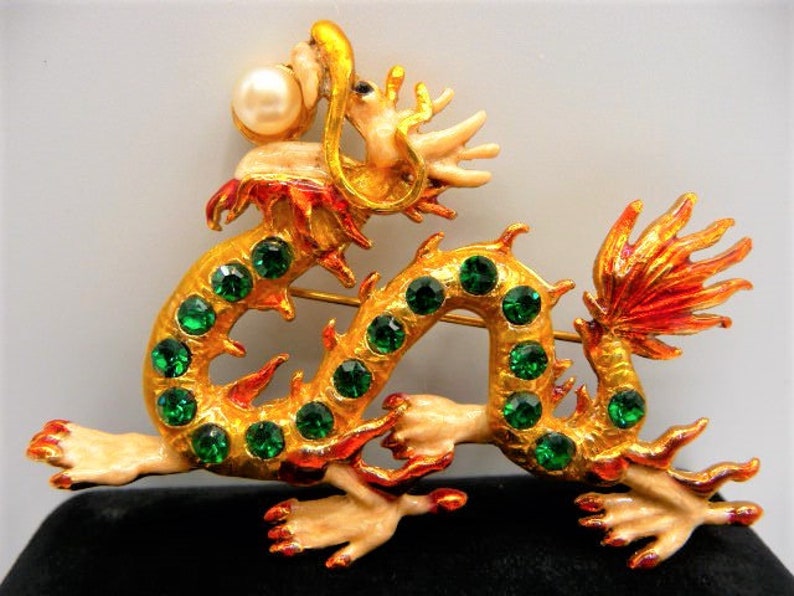 Chinese Loong Dragon Brooch Pin Enameled Gold Tone Faux - Etsy
