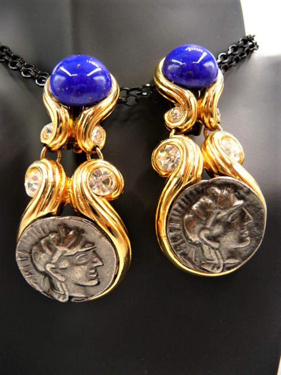BLANCA Roman Soldier Coin Faux Lapis Diamond Drop Clip Earrings, Shiny ...