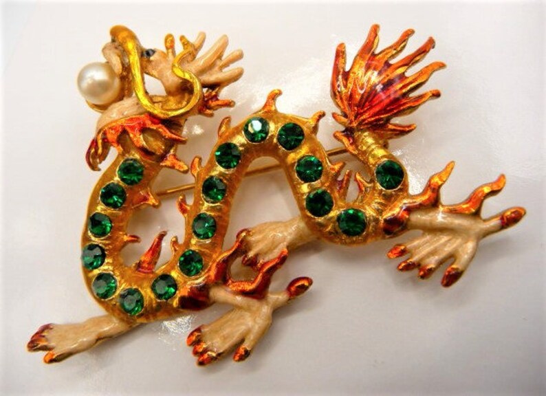Chinese Loong Dragon Brooch Pin Enameled Gold Tone Faux - Etsy