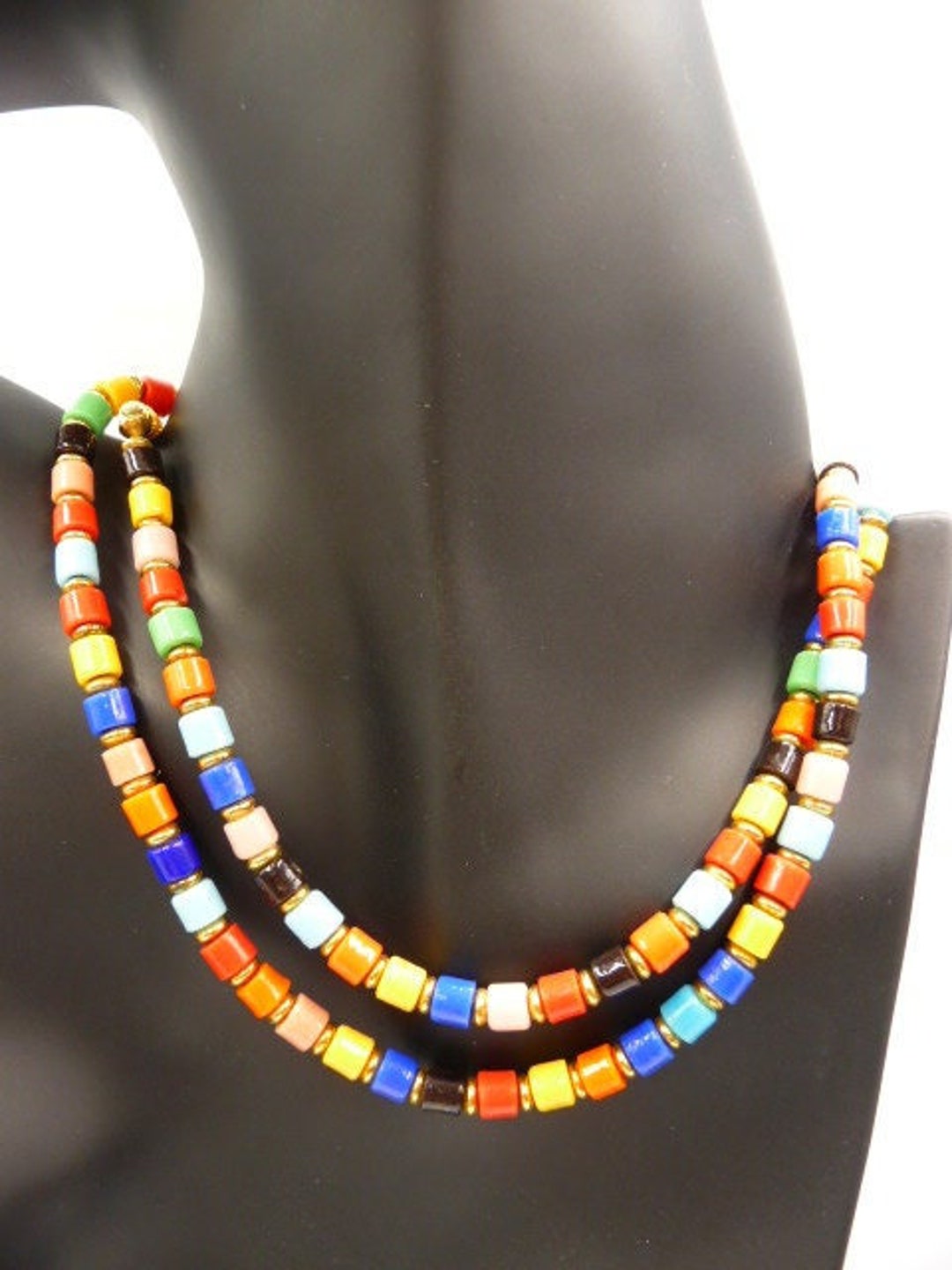 Boho Style Brightly Crayon Colored Glass Bead Layering Necklace, Dainty ...