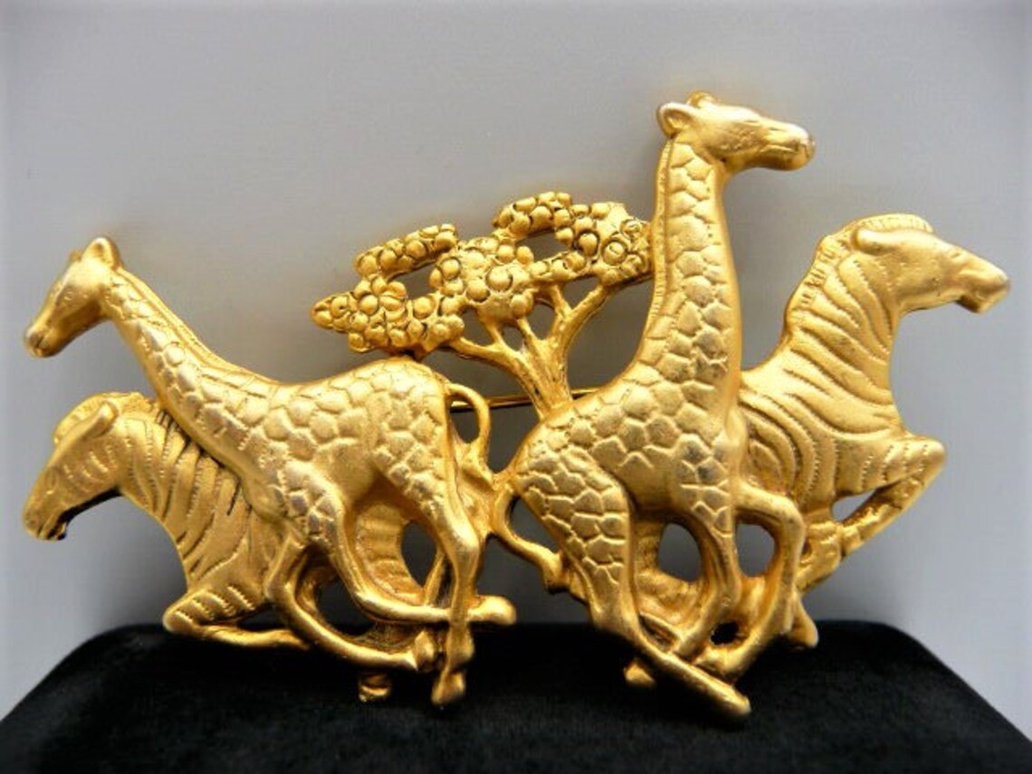 AJC Running Giraffes Zebras Brooch Pin, Matte Gold Tone, Signed Vintage ...