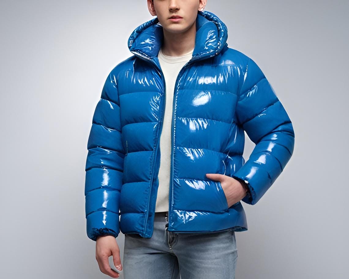 Glossy Blue Puffer Jacket for Men – Shiny Zip-up Quilted Coat ...