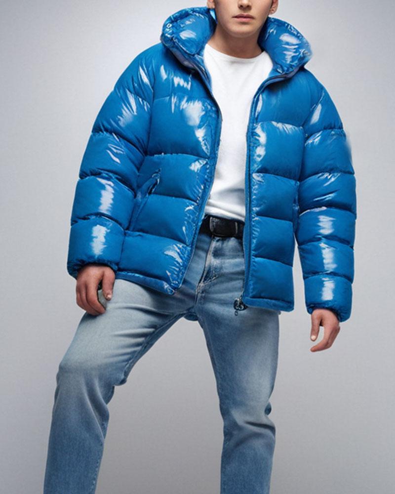 Glossy Blue Puffer Jacket for Men – Shiny Zip-up Quilted Coat ...