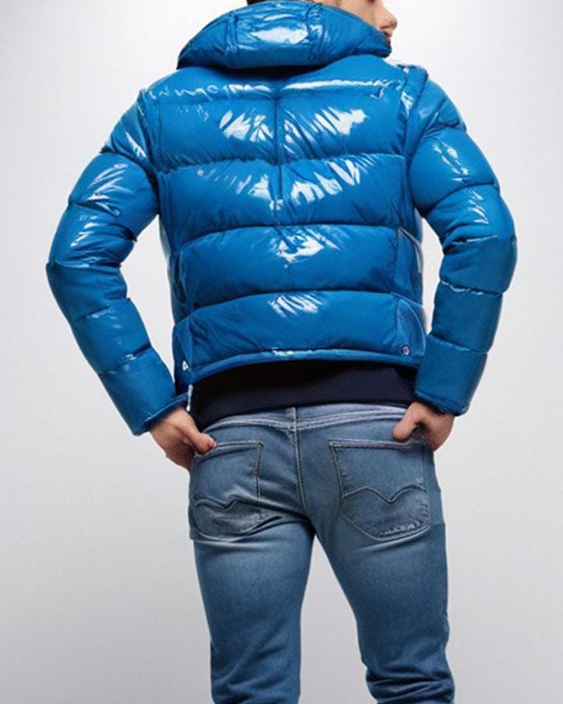 Glossy Blue Puffer Jacket for Men – Shiny Zip-up Quilted Coat ...