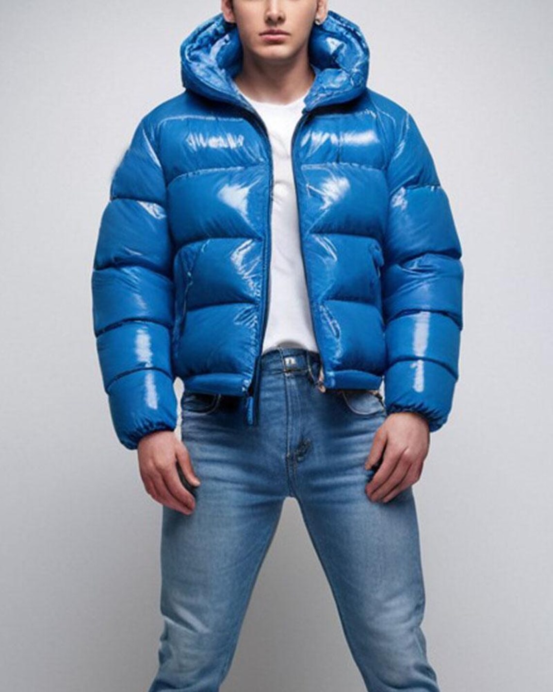Glossy Blue Puffer Jacket for Men – Shiny Zip-up Quilted Coat ...