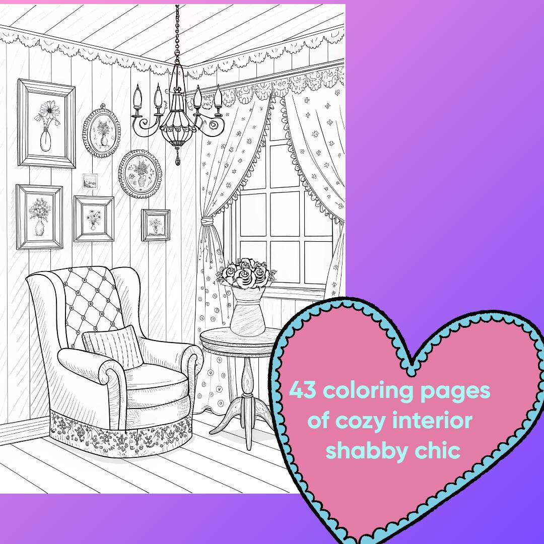 43 Coloring Pages of Cozy Interior Shabby Chic, Paint Your Own ...