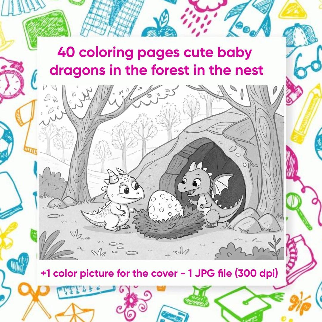 40 Coloring Pages Cute Baby Dragons in the Forest in the Nest, Toddlers ...