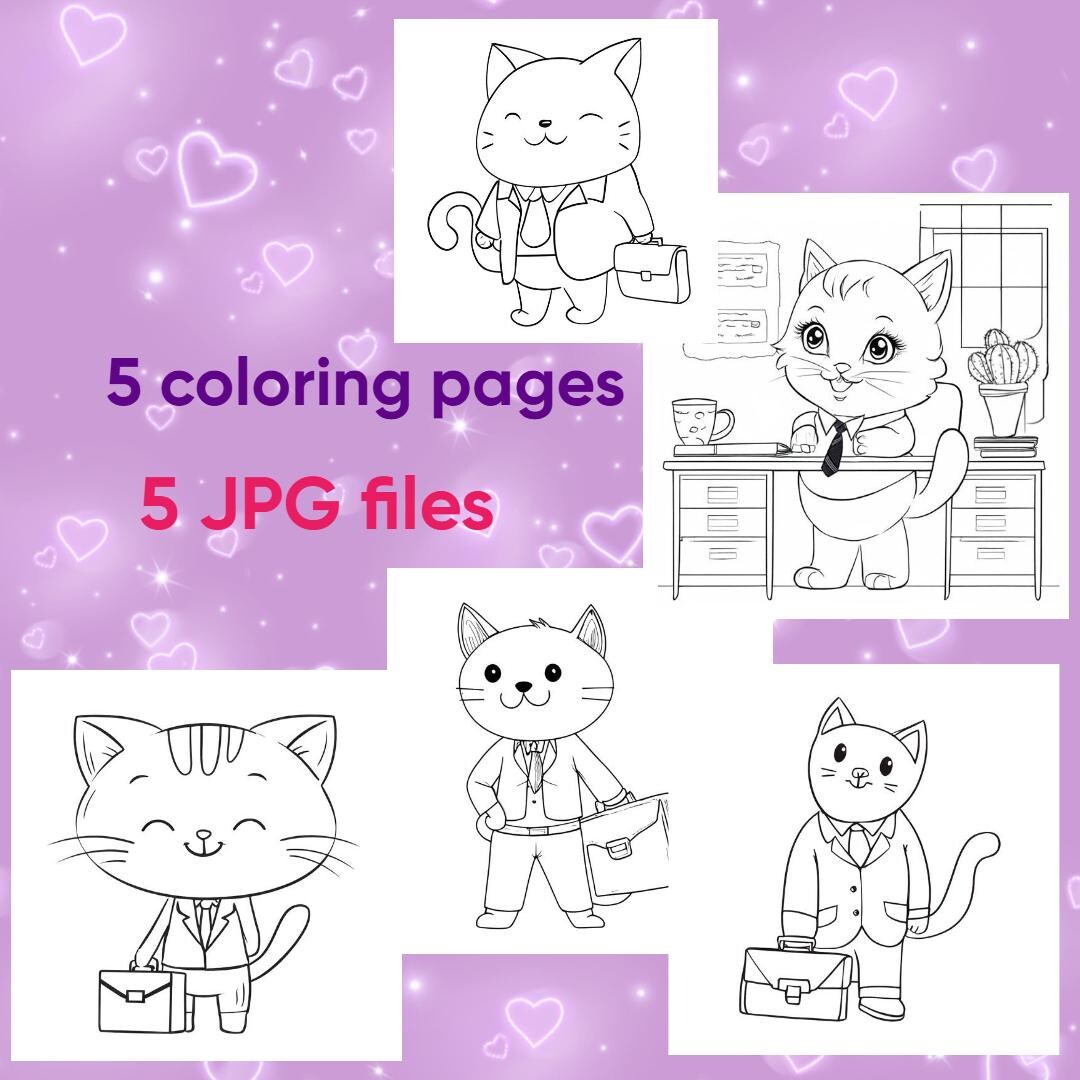5 Cat Coloring Pages for Kids, Paint Your Own, Toddlers Coloring Book ...