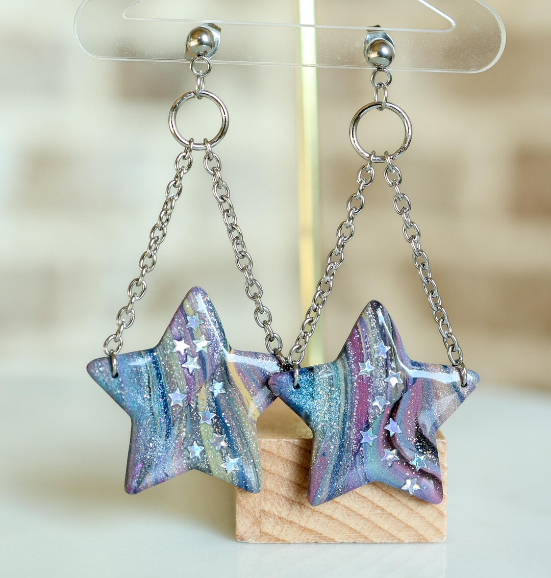Star of the Show | Marbled Shimmer Polymer Clay Star Dangle Earrings ...