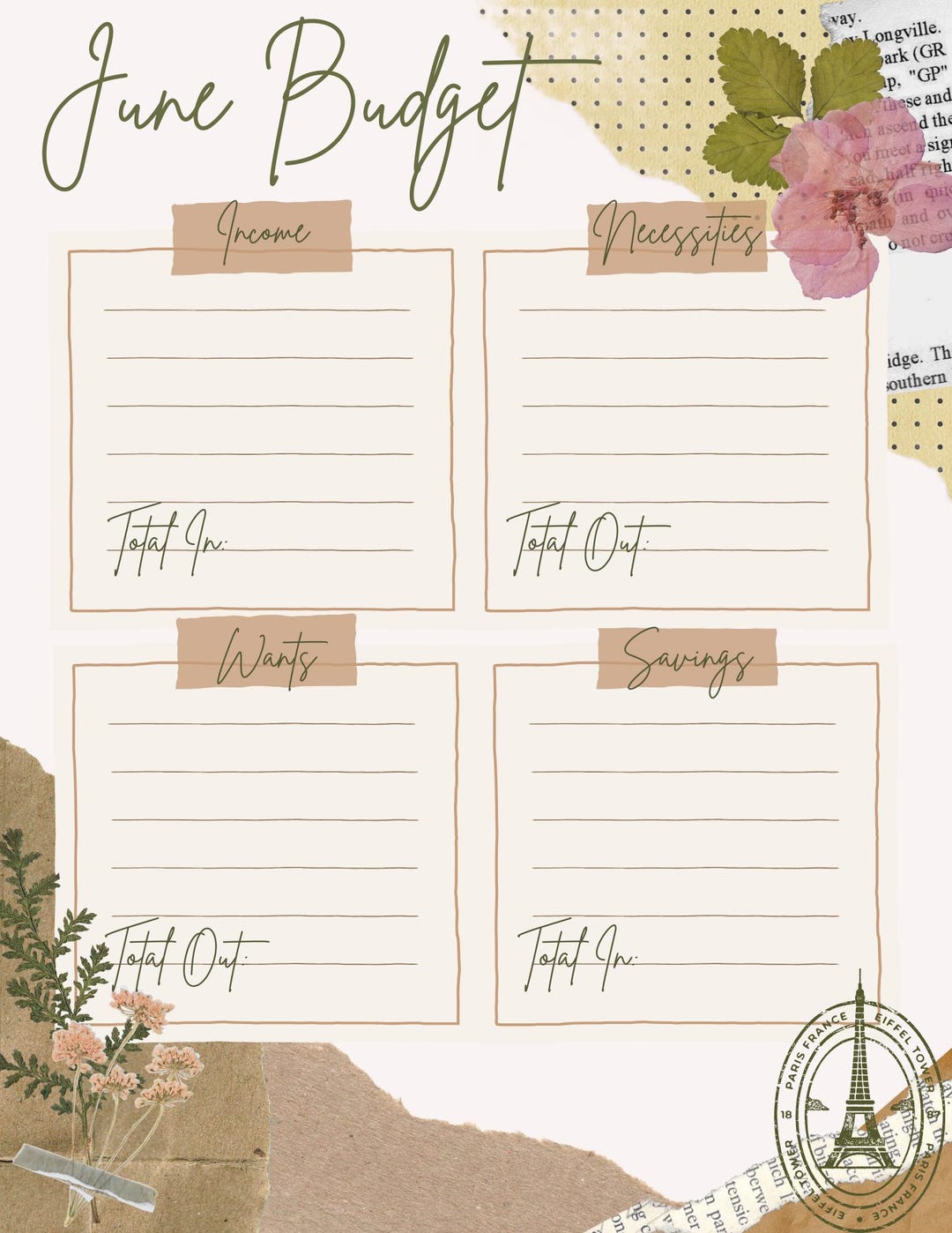 Printable June Budget Planner Printable for Bullet Journal- Parisian ...
