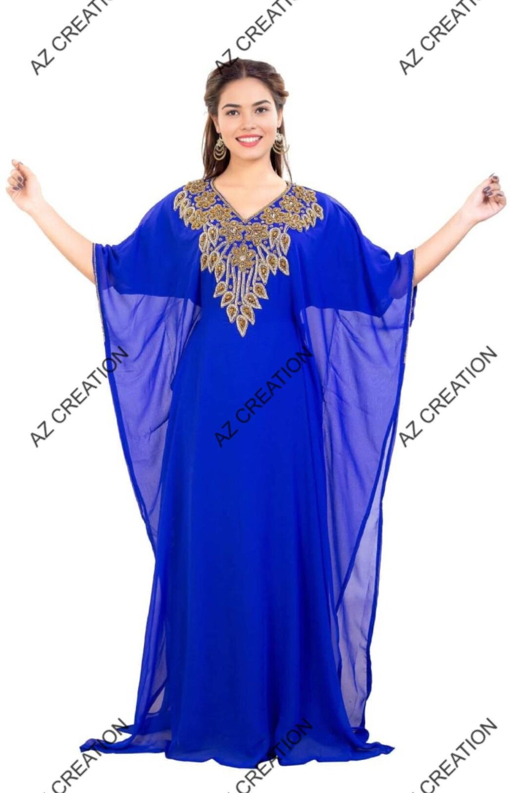 Royal Blue Moroccan Kaftan, Hand Embroidered Farasha Abaya, Islamic ...