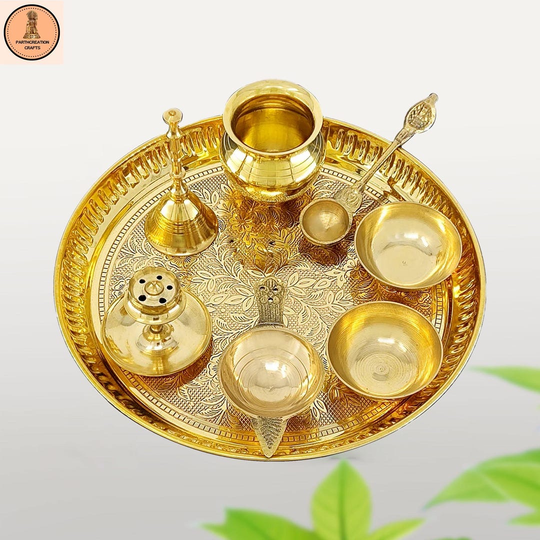 Brass Pooja Thali Set 8 Inch Puja Thali With Pital Plate Kalash Spoon ...