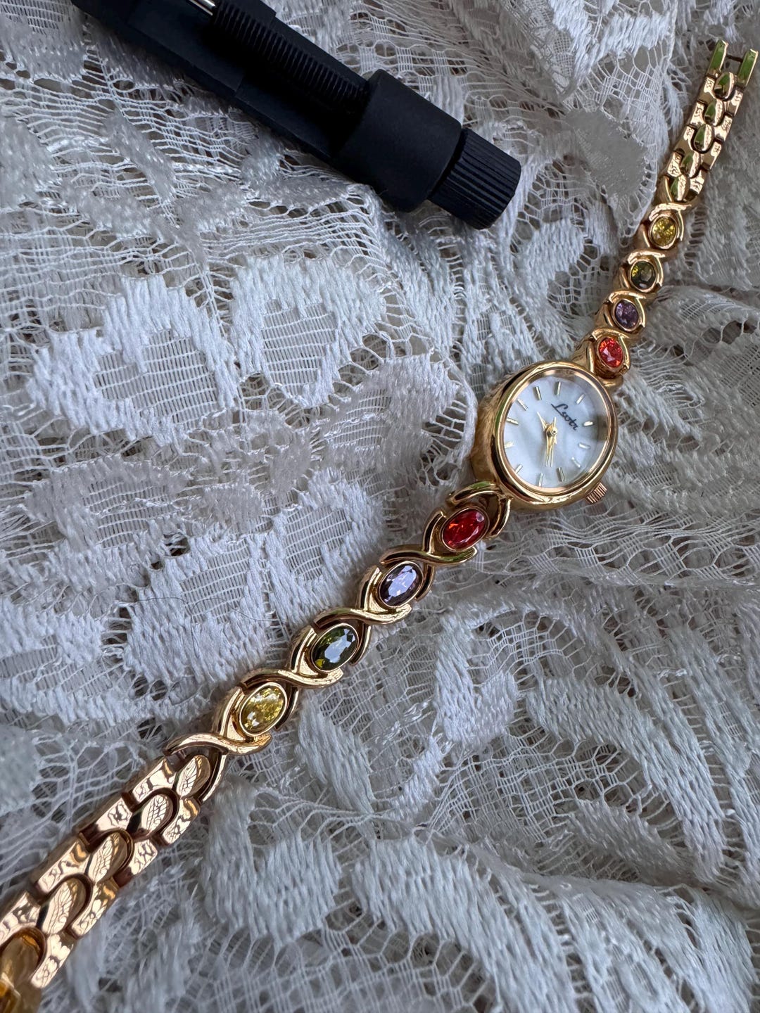 Vintage-inspired Dainty Gold Watch, Coloured Pearls Stones - Minimalist ...