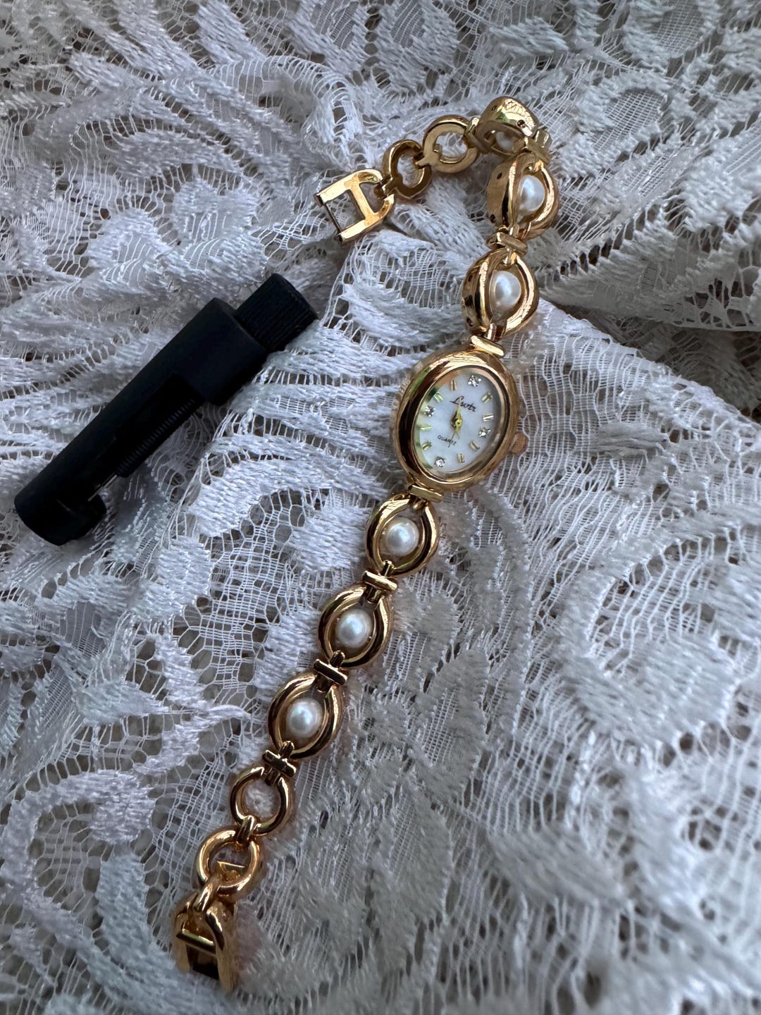 Vintage-inspired Dainty Gold Watch, Pearls Stones - Minimalist Women's Watch, Gift for Her ...