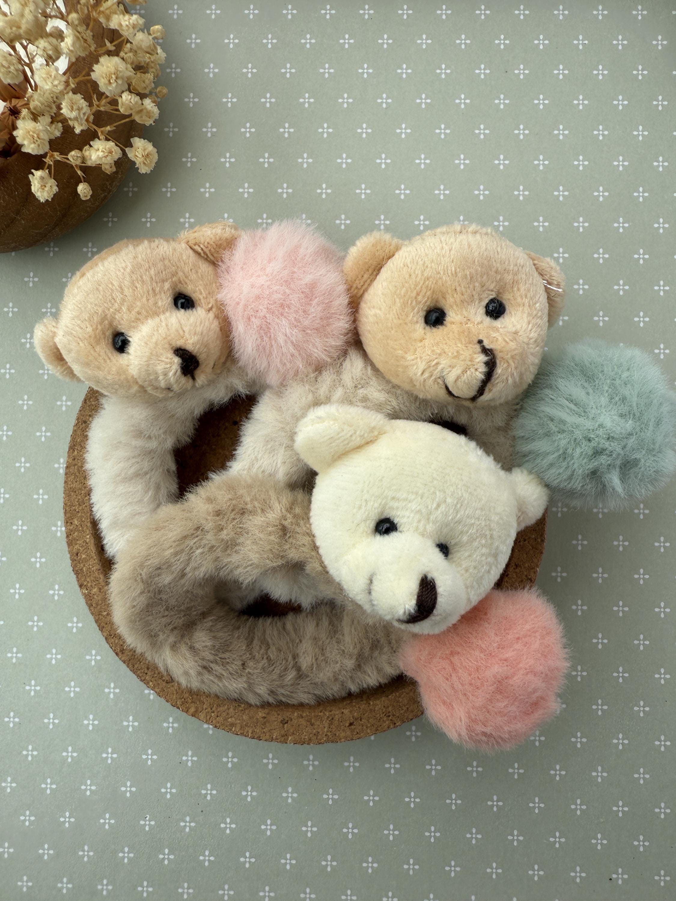 Fuzzy Plush Teddy Bear Hair Pins Cute Feathered Ponytail Scrunchies ...