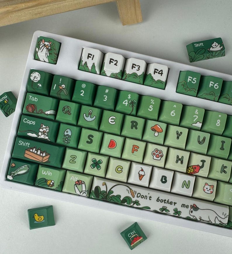 134 Keys Cute Matcha Cat Keycap Set, Green Plant Theme Keycap Set for ...