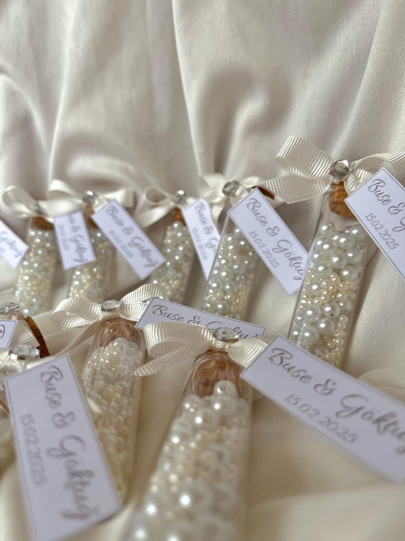 Elegant Pearl Bead Favor in Glass Tube With Ribbon | Gift for Baptism ...