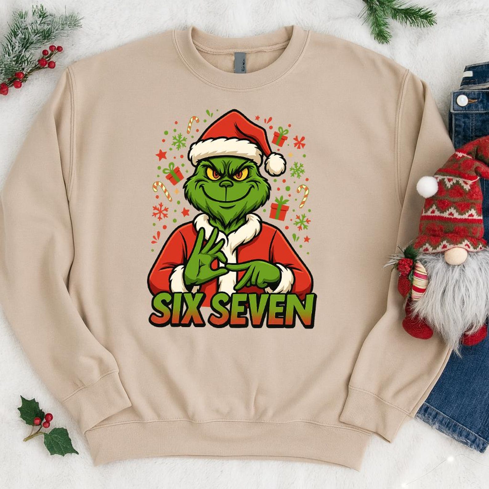 Funny Six Seven Meme Christmas Green Guy PNG | Grumpy Green Holiday ...