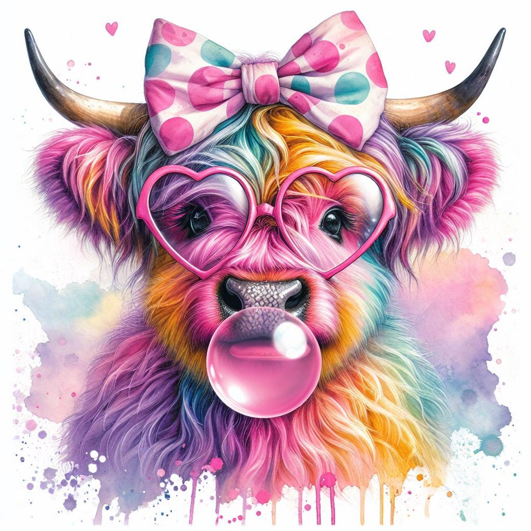 Coquette Cow PNG, Cute Animal Clipart, Highland Cow With Bow, Bubblegum ...